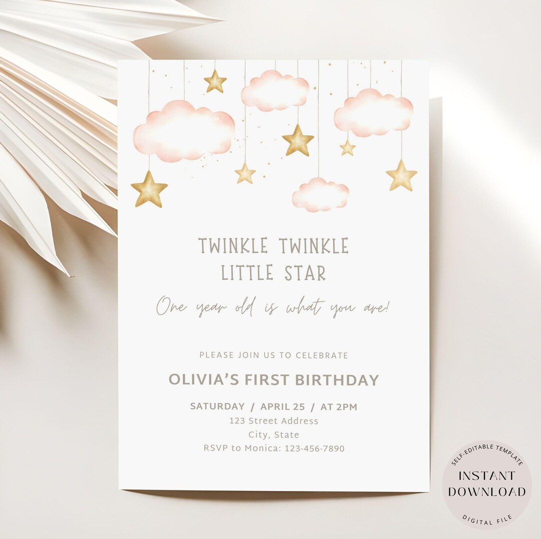 Stars and Cloud Birthday Invitation, Editable 1st Birthday Party Invite ...
