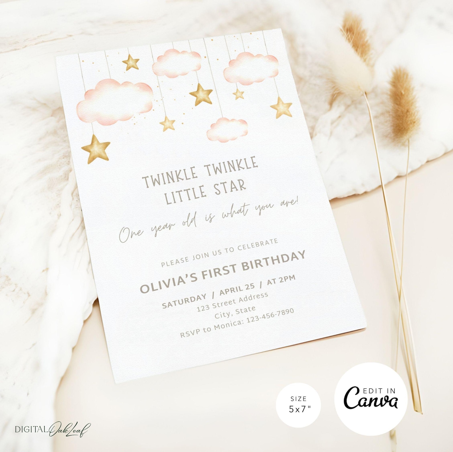Stars and Cloud Birthday Invitation, Editable 1st Birthday Party Invite ...