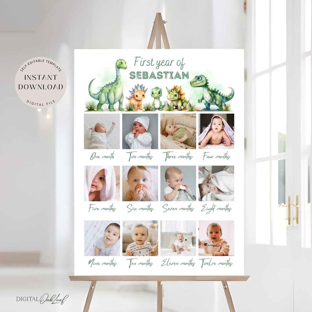 Dinosaur First Year Poster Template, Editable First Birthday Photo Sign ...