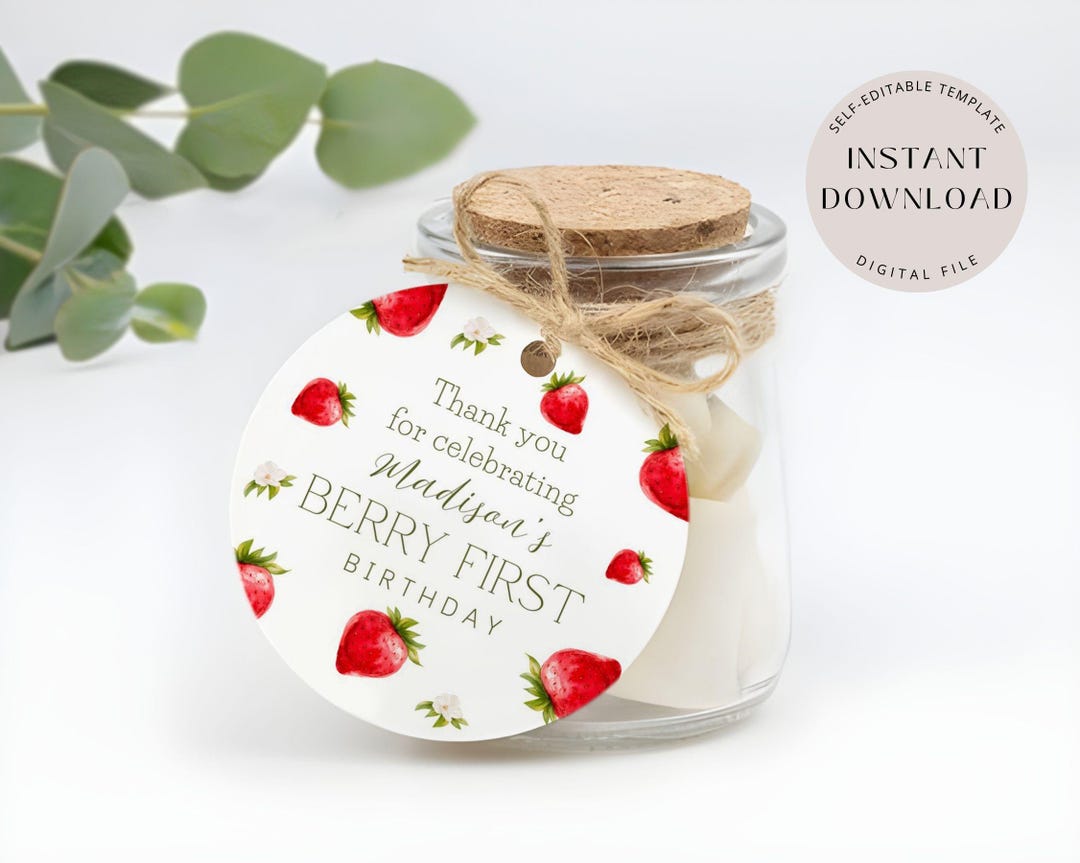 Strawberry Birthday Thank You Tag Template, Editable Favor Tag, Berry ...