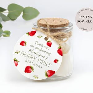 Strawberry Birthday Thank You Tag Template, Editable Favor Tag, Berry ...