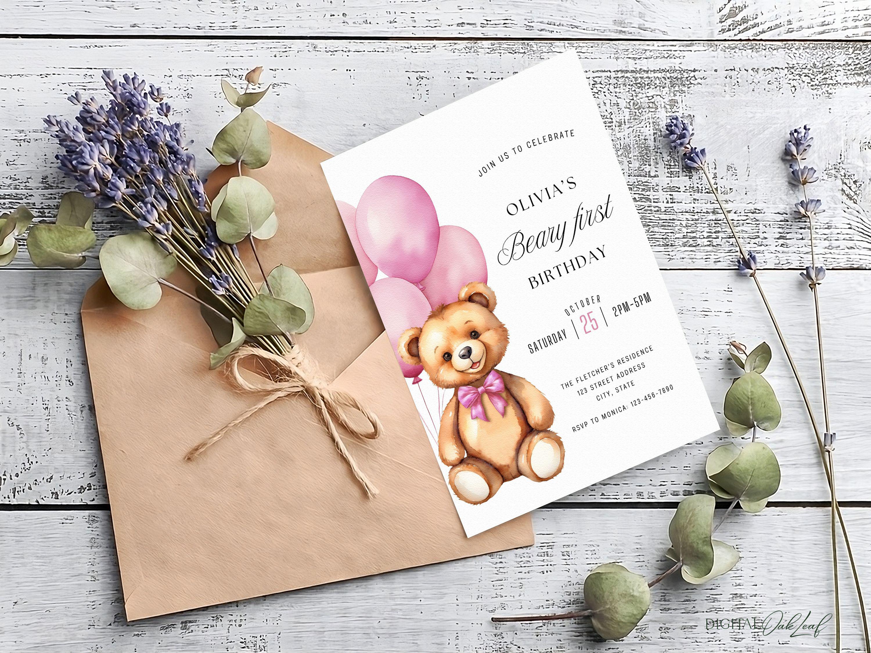 Teddy Bear Birthday Invitation, Editable Pink Balloons Invite Template ...