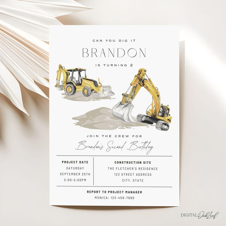 Construction Birthday Invitation, Editable Excavator Template ...