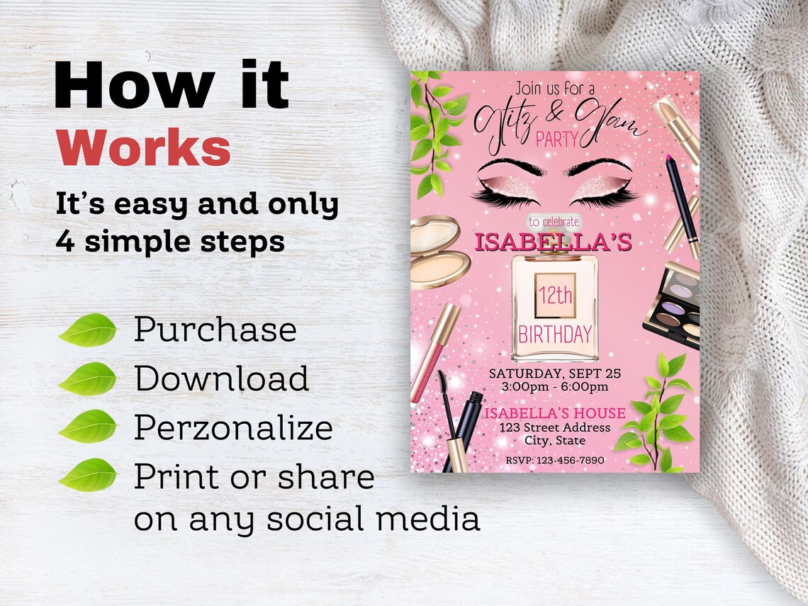 Makeup Birthday Party Invitation, Editable Glamorous Spa Invite ...
