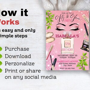 Makeup Birthday Party Invitation, Editable Glamorous Spa Invite ...