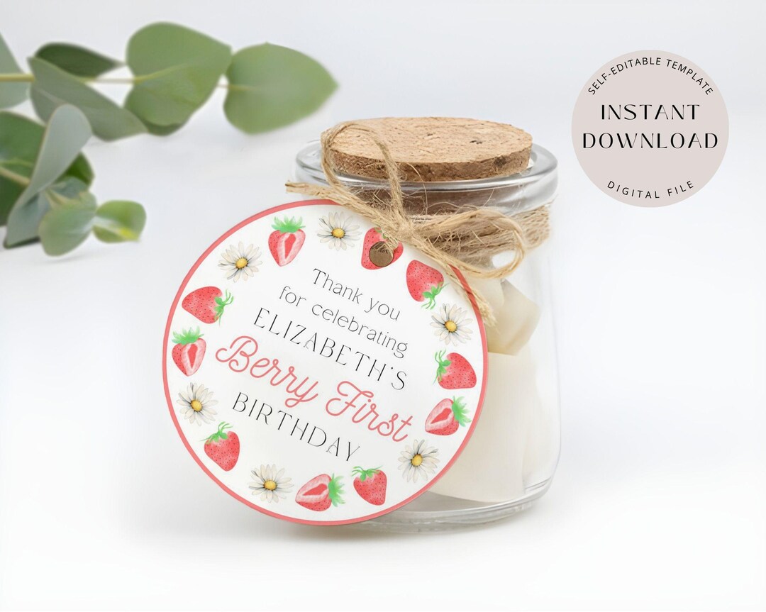 Strawberry Gift Tag, Editable Birthday Thank You Tag Template, Girls ...