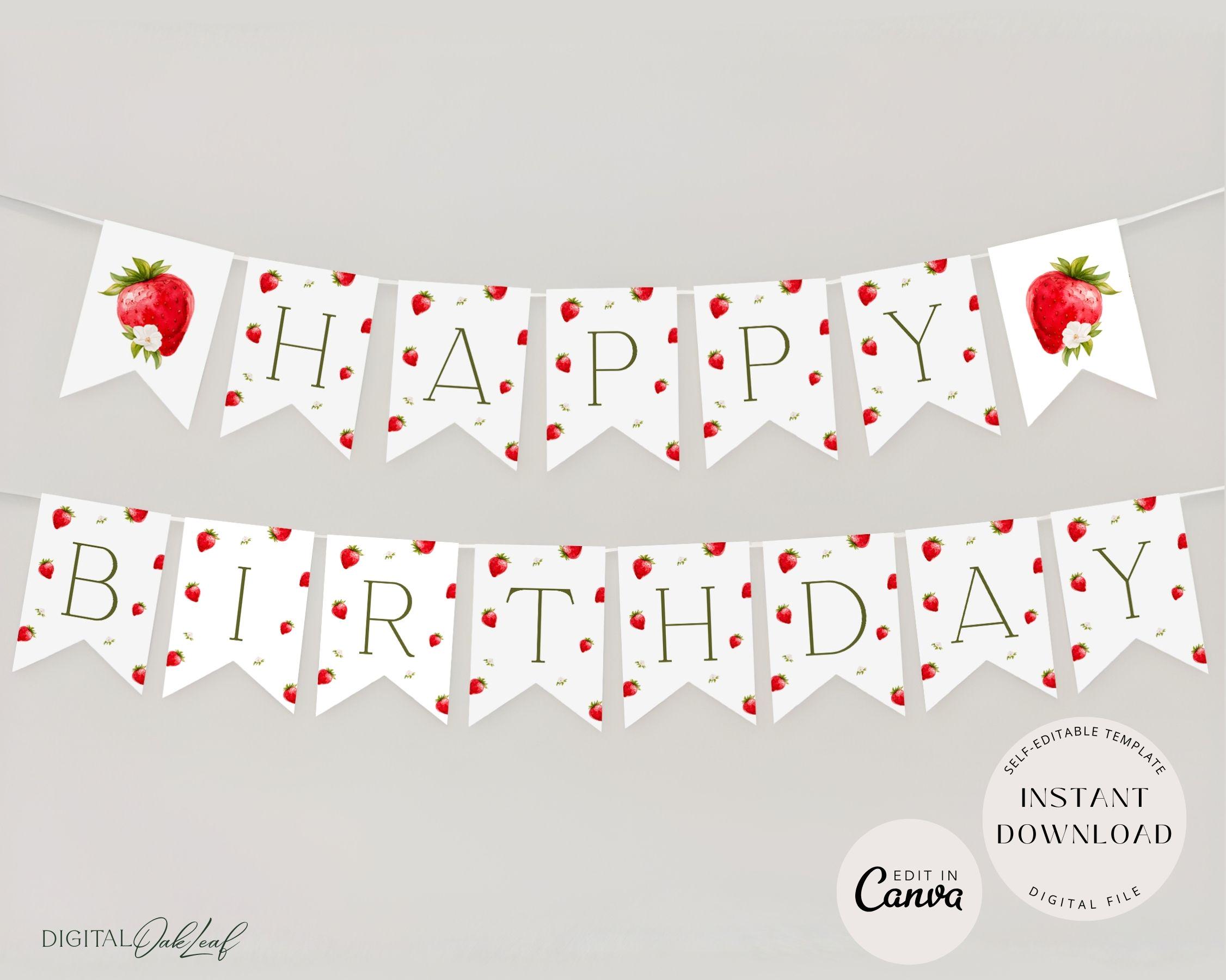 Editable Strawberry Birthday Banner, Happy Birthday Party Decor ...