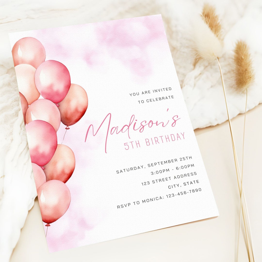 Editable Balloons Birthday Invitation, Printable Blush Pink Party ...