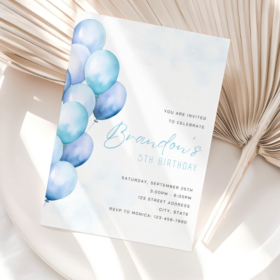 Editable Balloon Birthday Invitation, Printable Blue Balloons Party ...