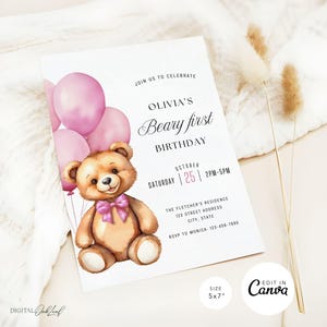 Teddy Bear Birthday Invitation, Editable Pink Balloons Invite Template ...