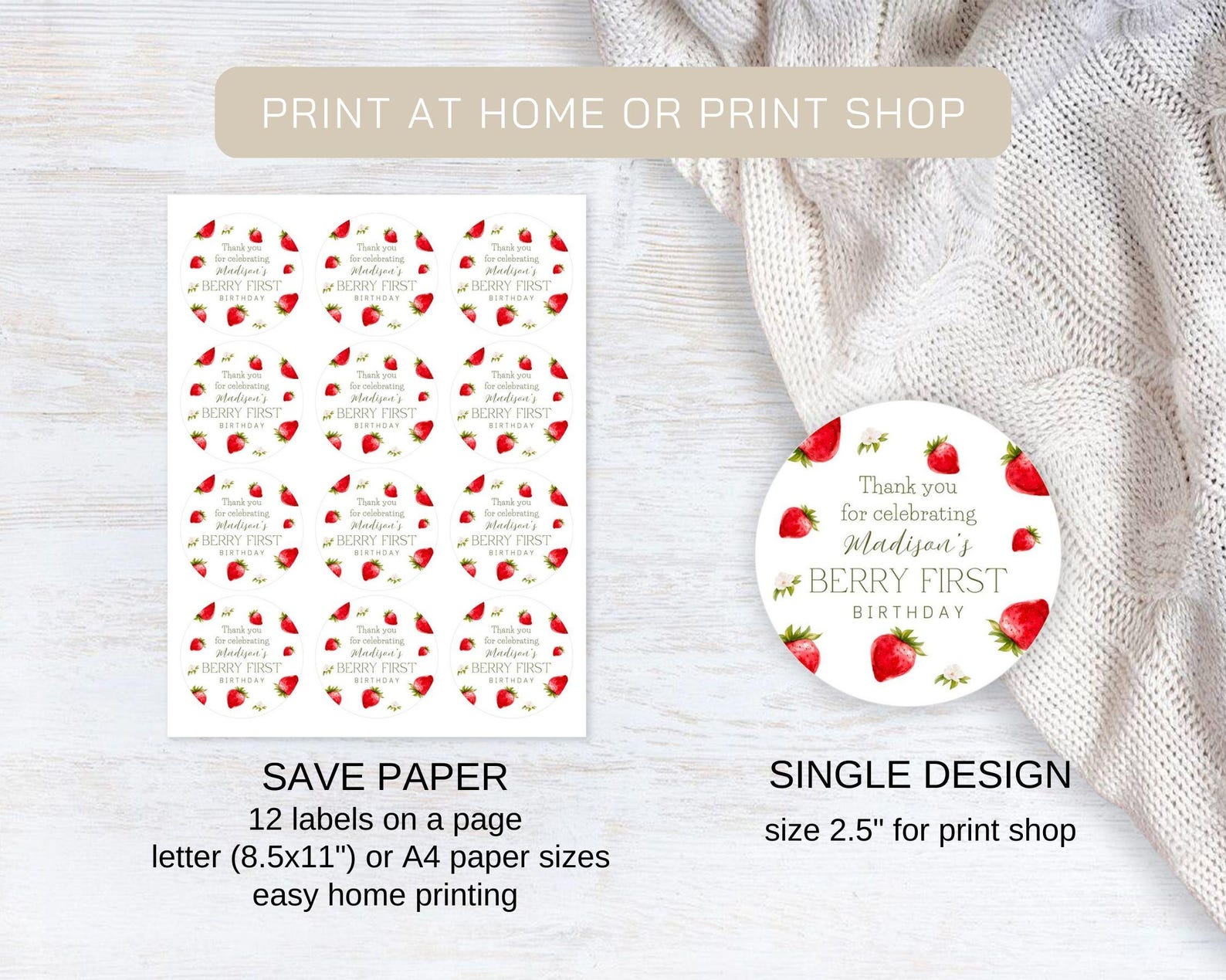 Strawberry Birthday Thank You Tag Template, Editable Favor Tag, Berry ...