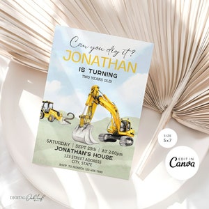 Editable Excavator Birthday Invitation Template, Boys Construction ...
