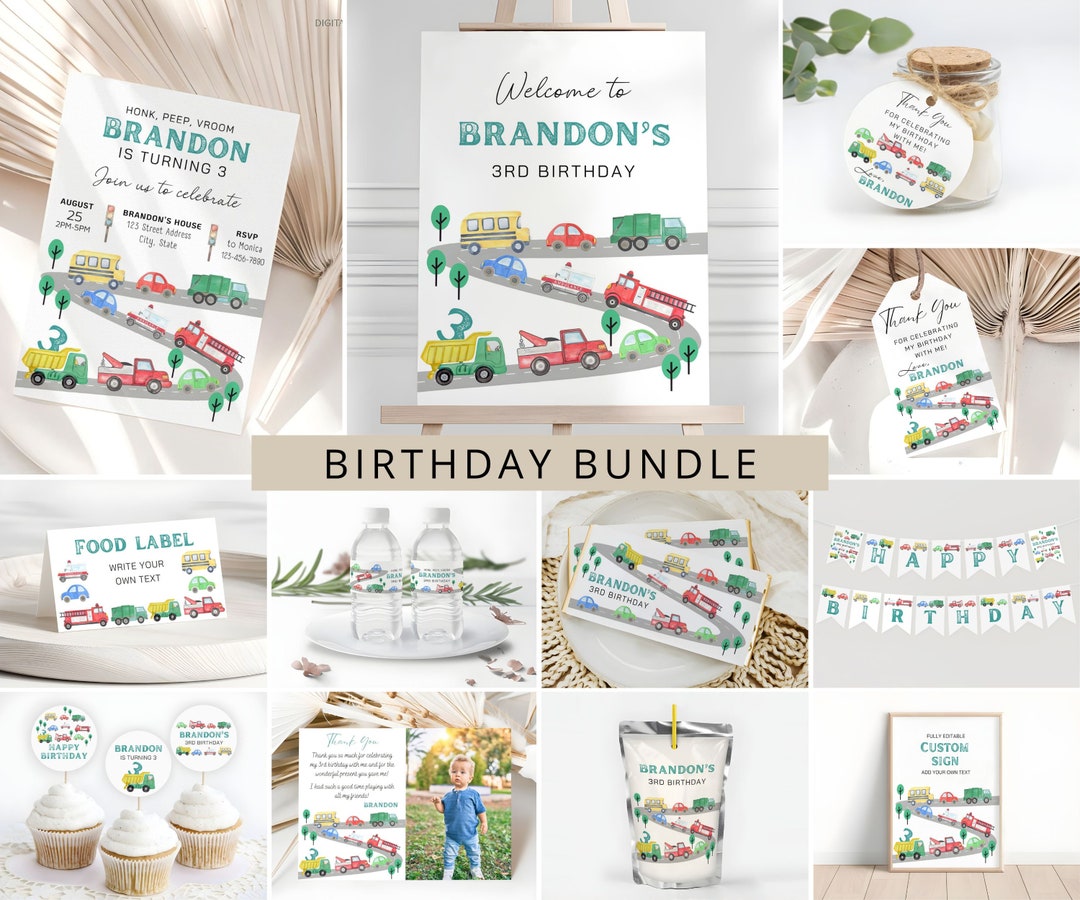 Transportation Birthday Bundle, Editable Car Birthday Bundle Templates ...
