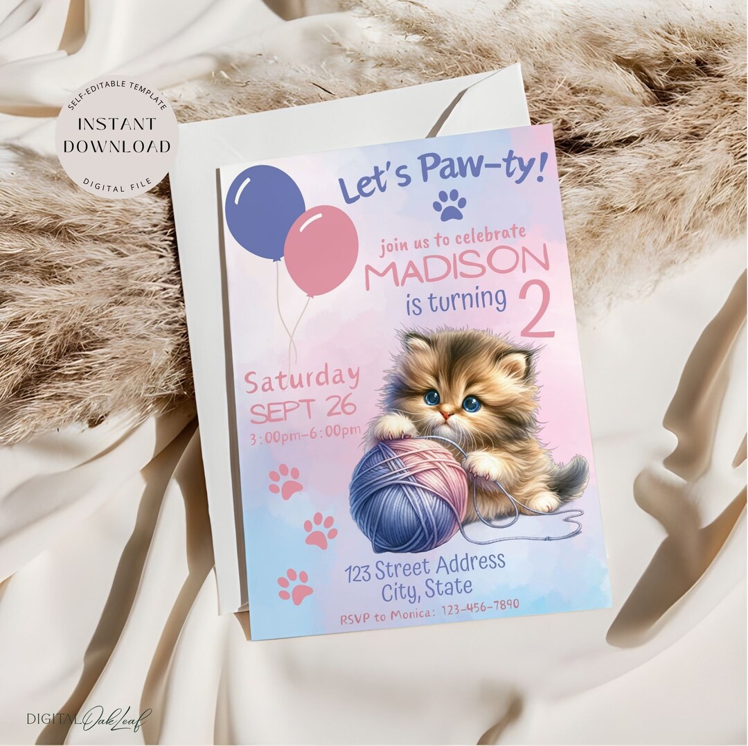 Kitty Birthday Invitation, Editable Cat Themed Birthday Party Invite ...