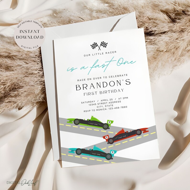 Editable Fast One Birthday Invitation, Race Car 1st Birthday Invite ...