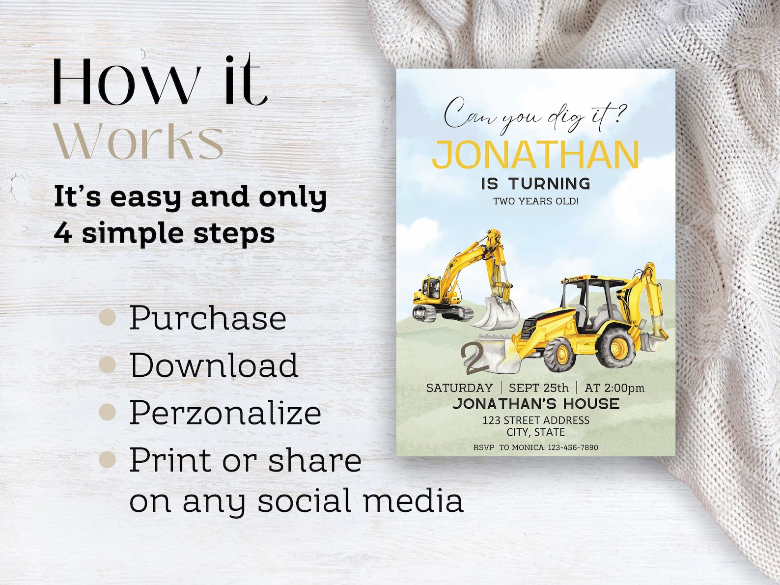 Loader Tractor Birthday Party Invitation, Editable Excavator Invite ...