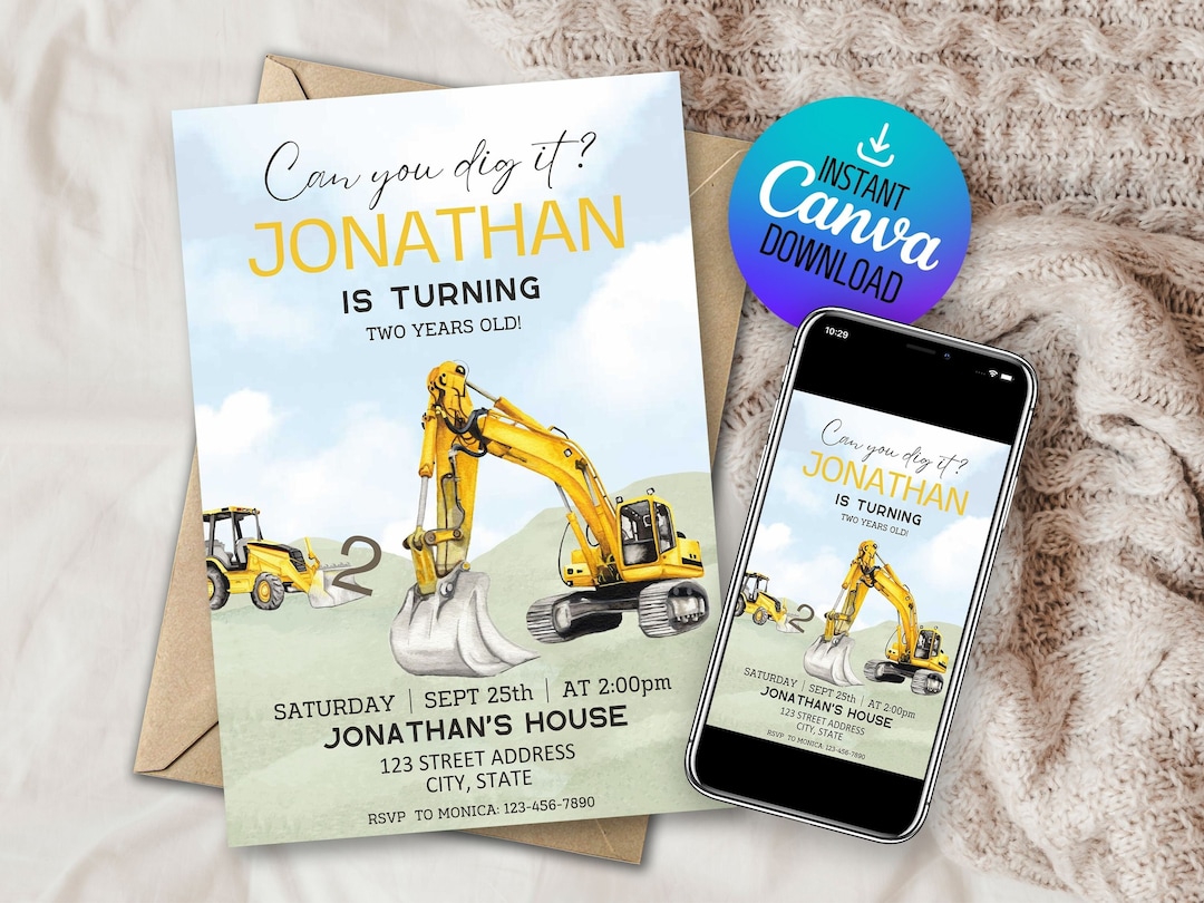 Excavator Birthday Party Invitation, Editable Bulldozer Invite, Boys ...