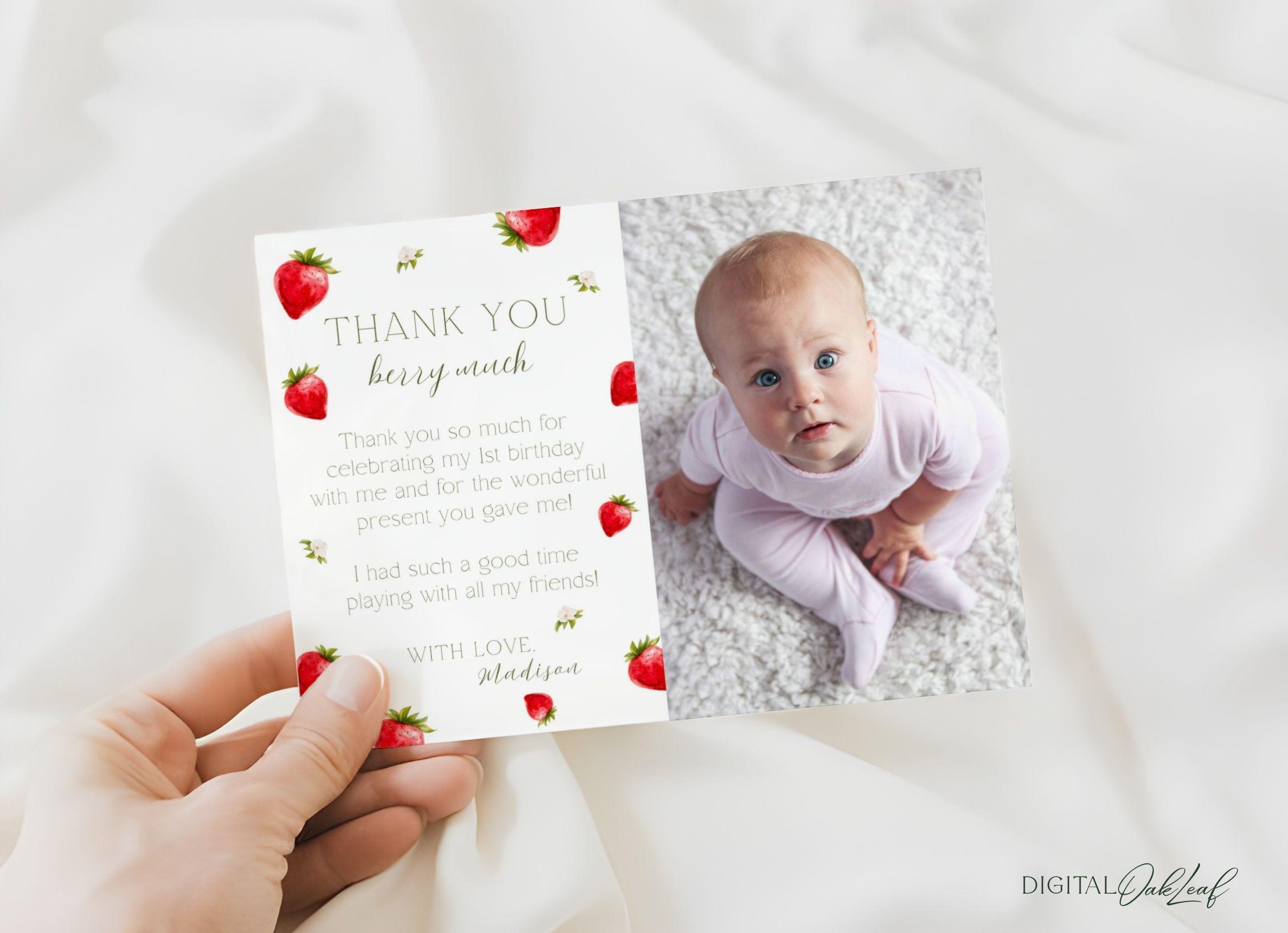 Strawberry Thank You Card Template, Editable Berry First Thank You Card ...