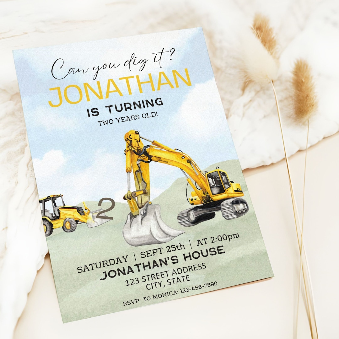 Editable Excavator Birthday Invitation Template, Boys Construction ...