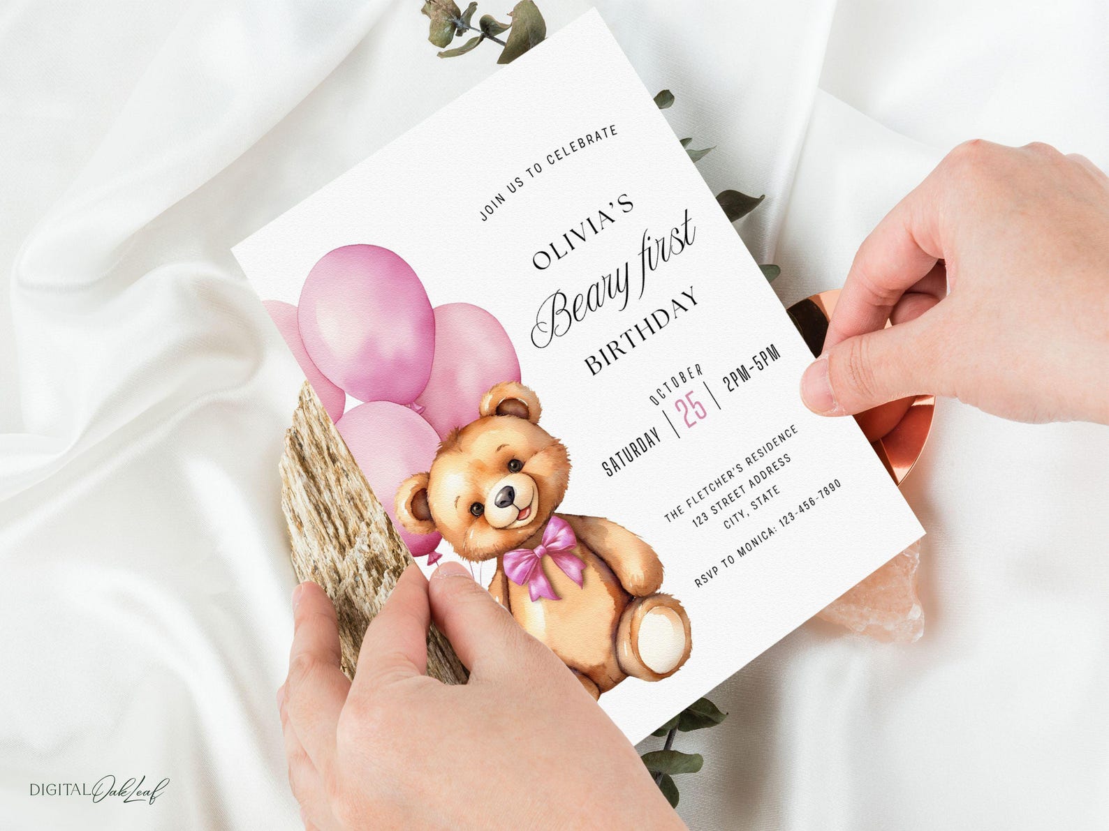 Teddy Bear Birthday Invitation, Editable Pink Balloons Invite Template ...