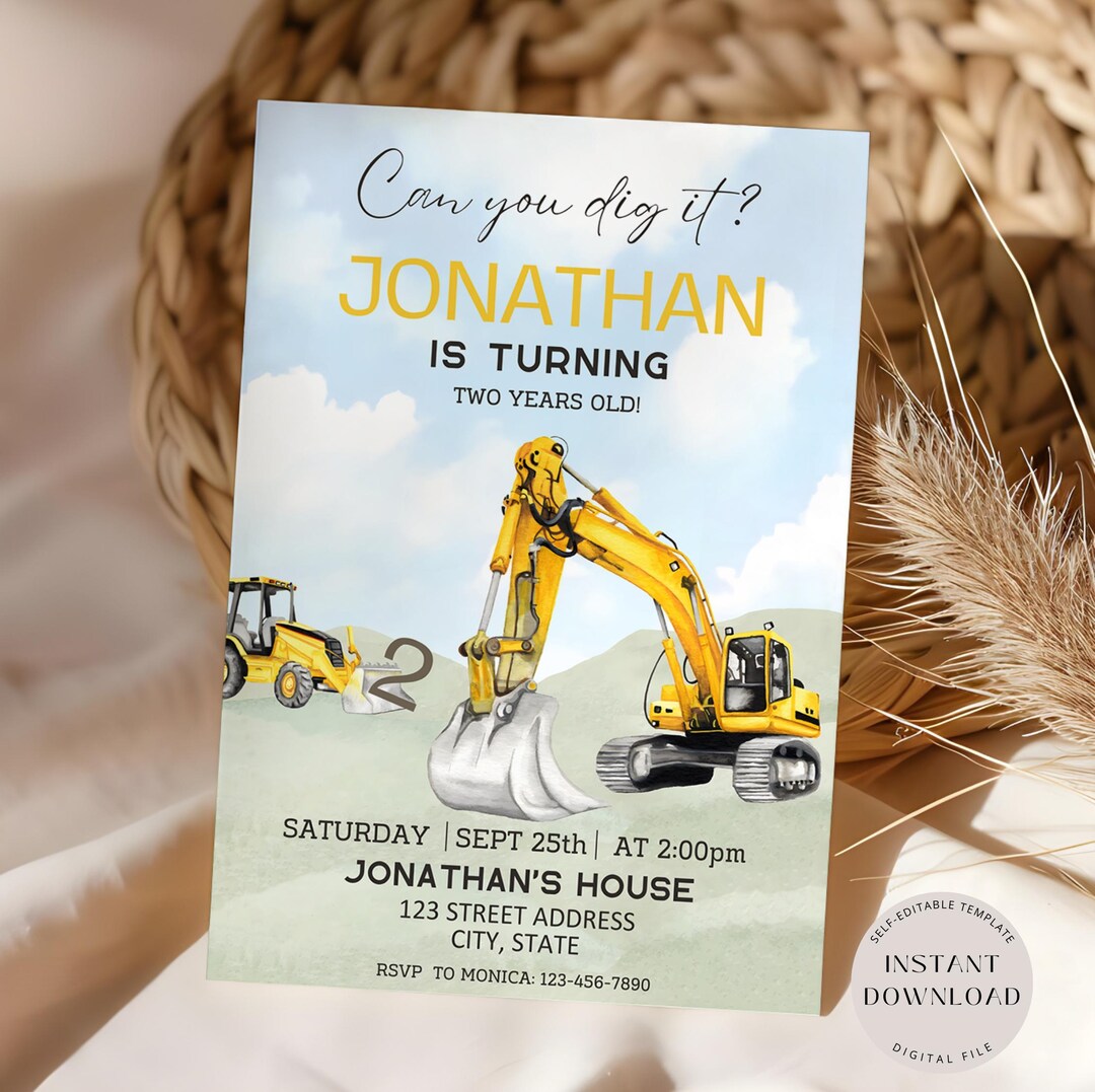 Editable Excavator Birthday Invitation Template, Boys Construction ...