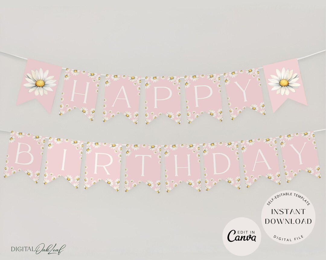Editable Daisy Flowers Birthday Banner, Floral Birthday Party Decor ...
