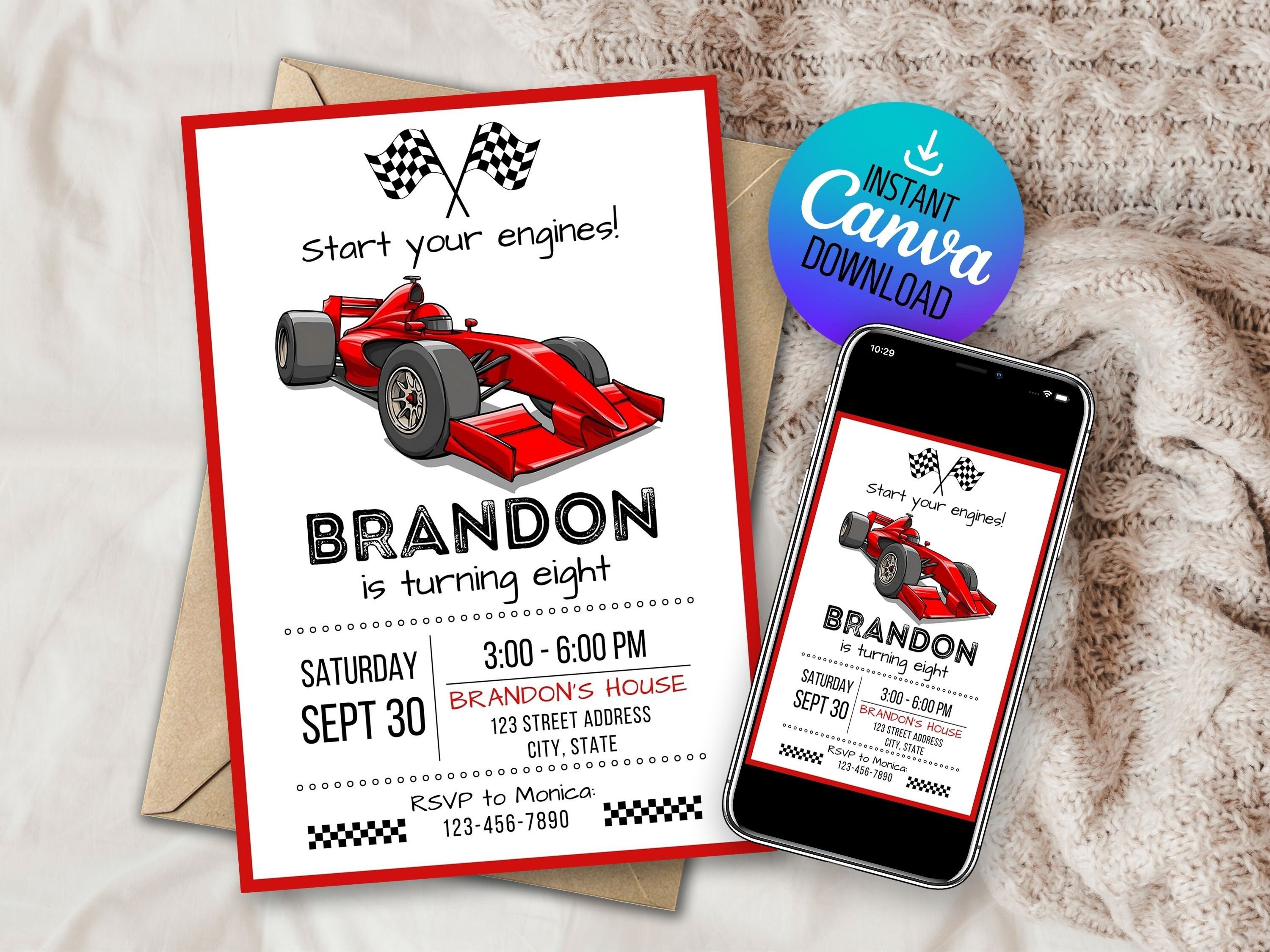 Racing Car Birthday Invitation, Red Race Car Party Invite, Editable ...