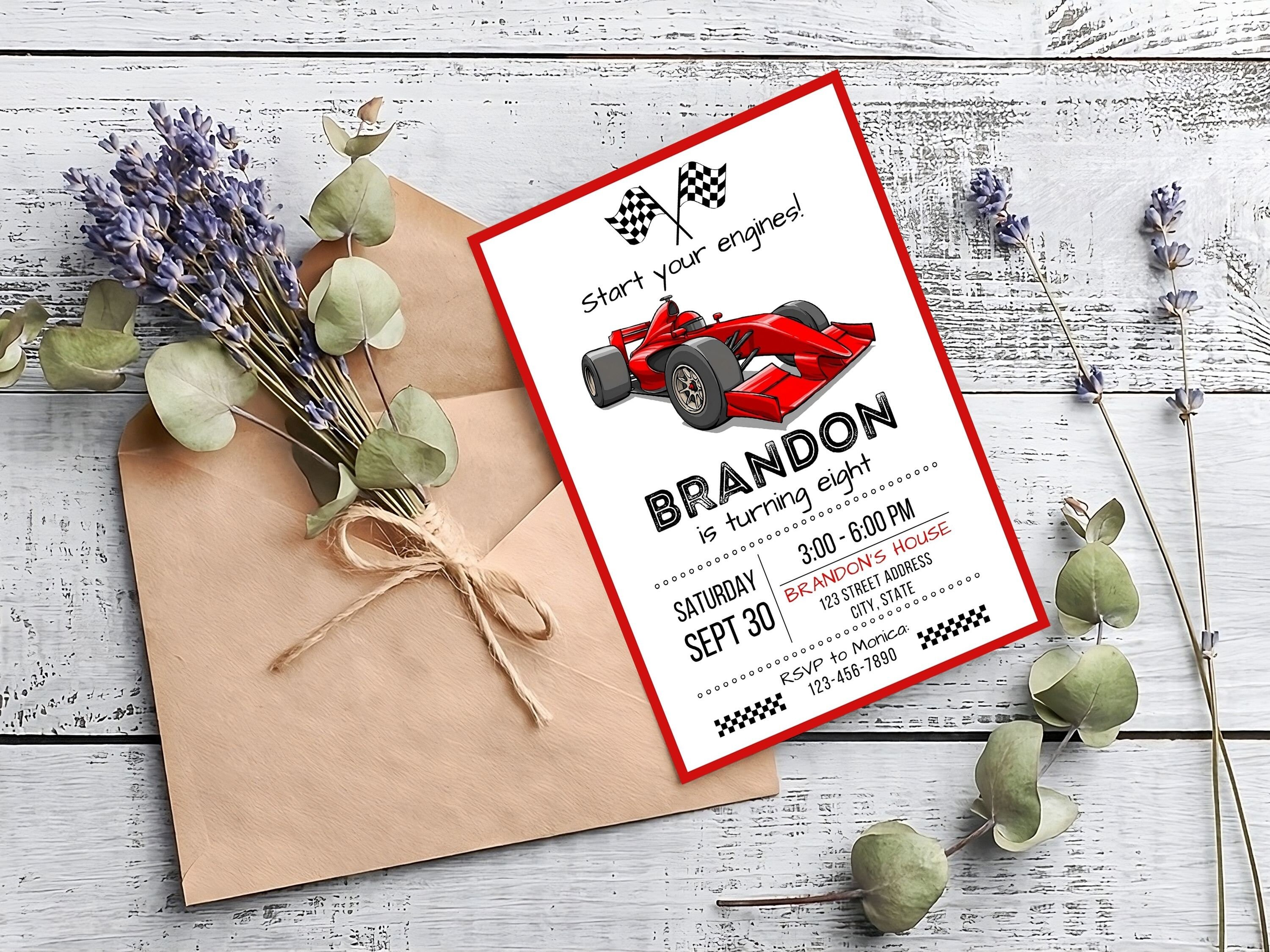 Racing Car Birthday Invitation, Red Race Car Party Invite, Editable ...