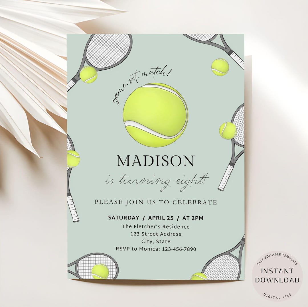 Tennis Birthday Invitation Template, Editable Sports Party Invite, Game ...