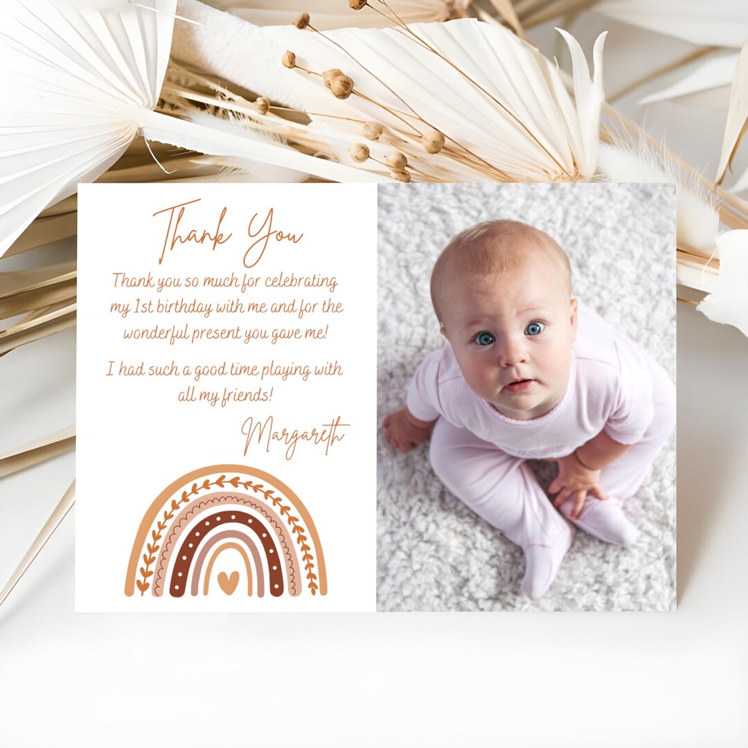 Boho Rainbow Thank You Card Template, EDITABLE Simple Rainbow Thank You ...