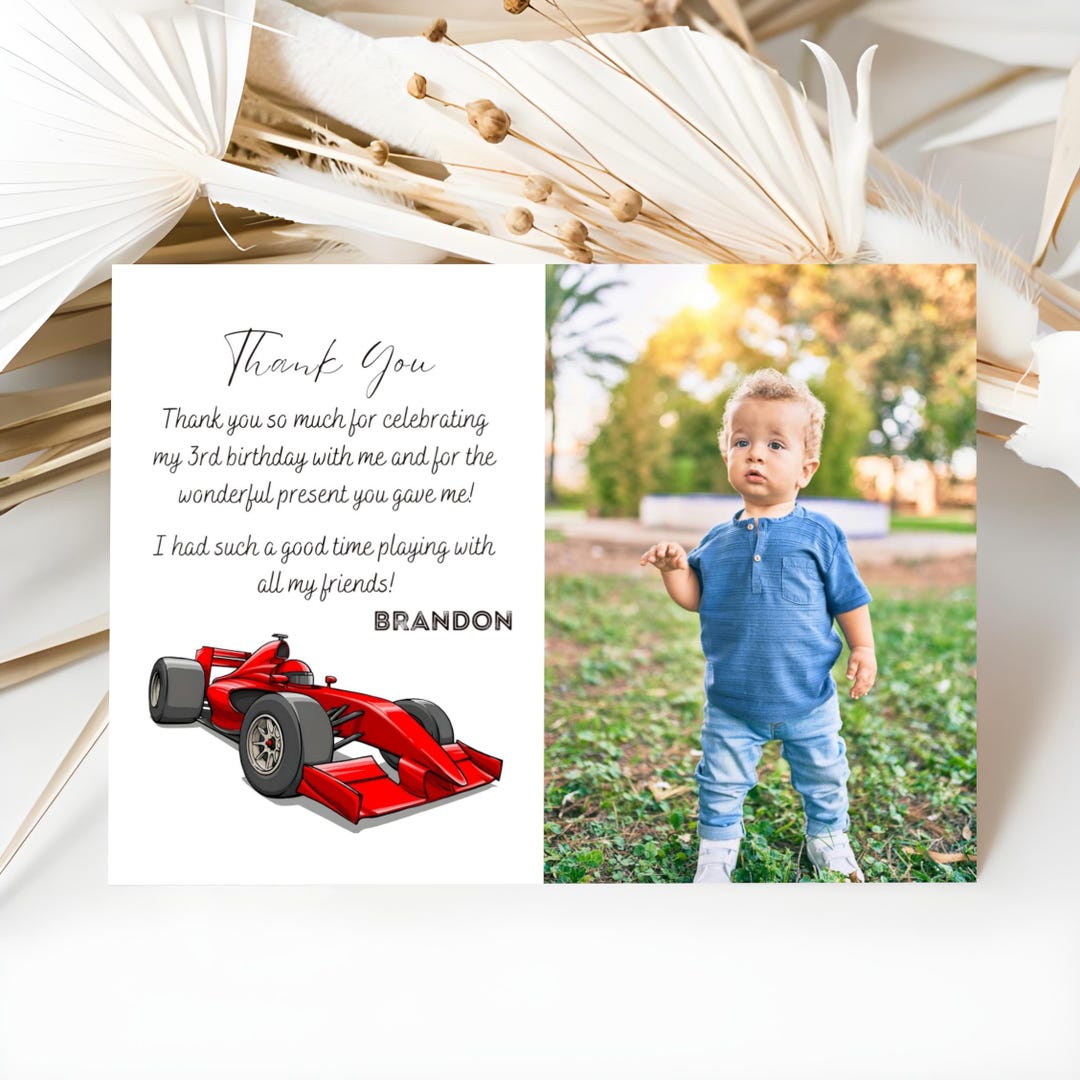Race Car Thank You Card Template, EDITABLE Birthday Thank You Card With ...