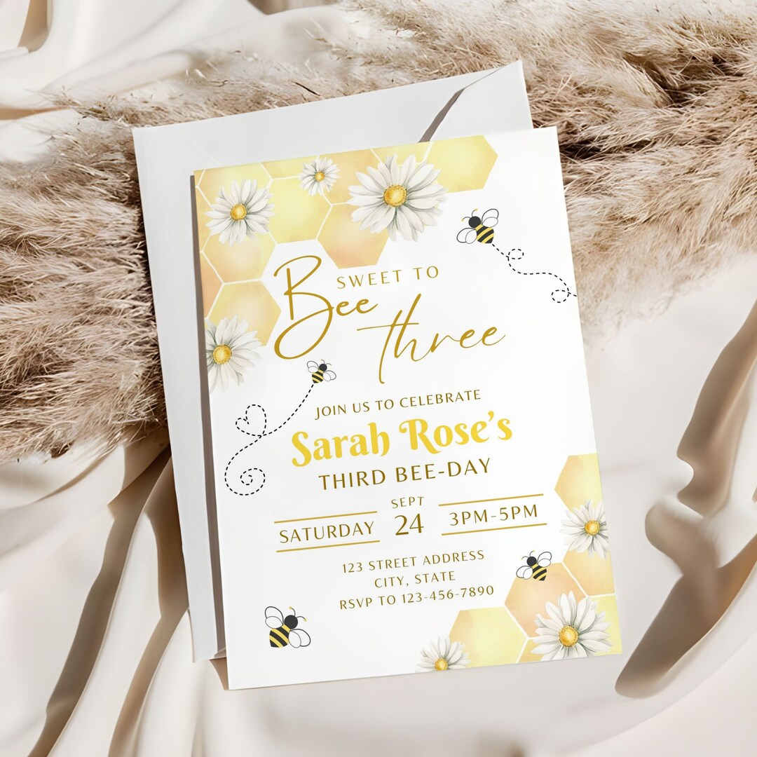 Editable 3rd Bee Birthday Invitation, Honey Bee Birthday Invite ...