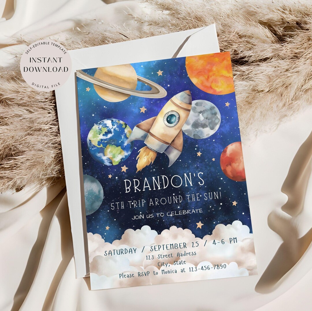 Editable Space Birthday Invitation, Planets Rocket Invite, Outer Space Invitation Template ...