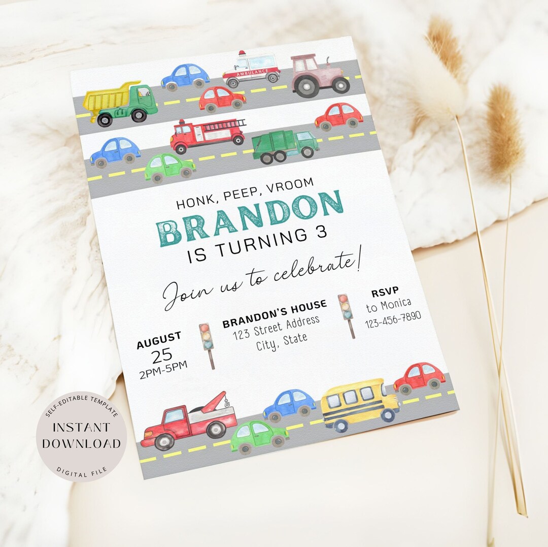 Transportation Birthday Invitation Template, Truck Birthday Invitation ...