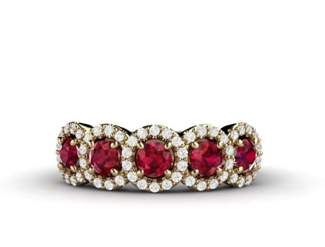 14k Solid Gold Ruby Eternity Band Vintage Round Ruby Half Eternity Band July Birthstone ...