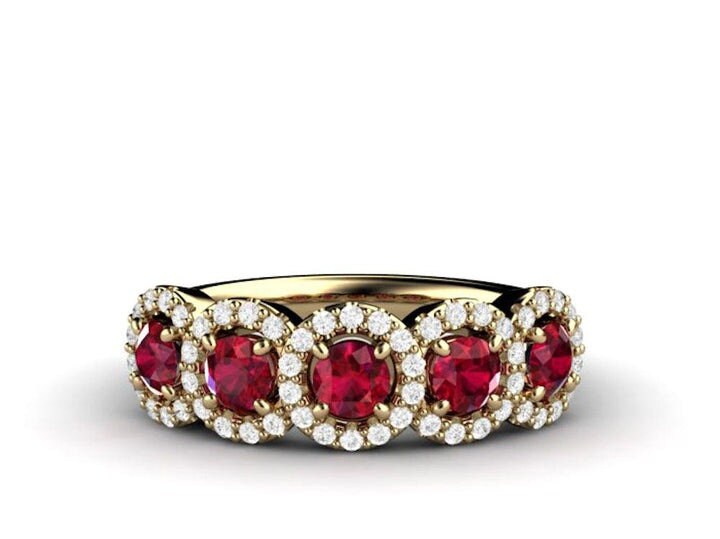 14k Solid Gold Ruby Eternity Band Vintage Round Ruby Half Eternity Band July Birthstone ...