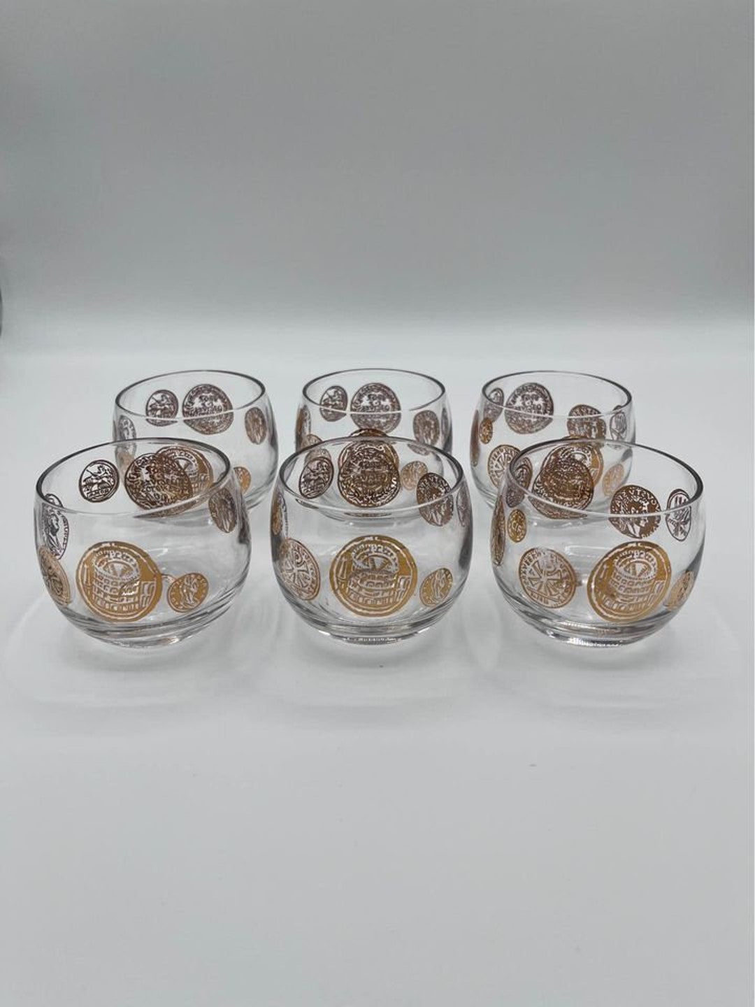 Vintage MCM Small Roly Poly Cocktail Glasses With Gold Roman Coins, Set ...