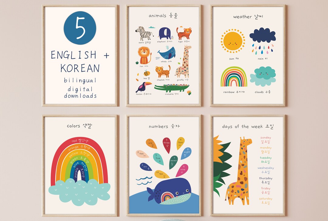 5 Bilingual Korean Educational Posters, Korean Learning Posters, Set of ...