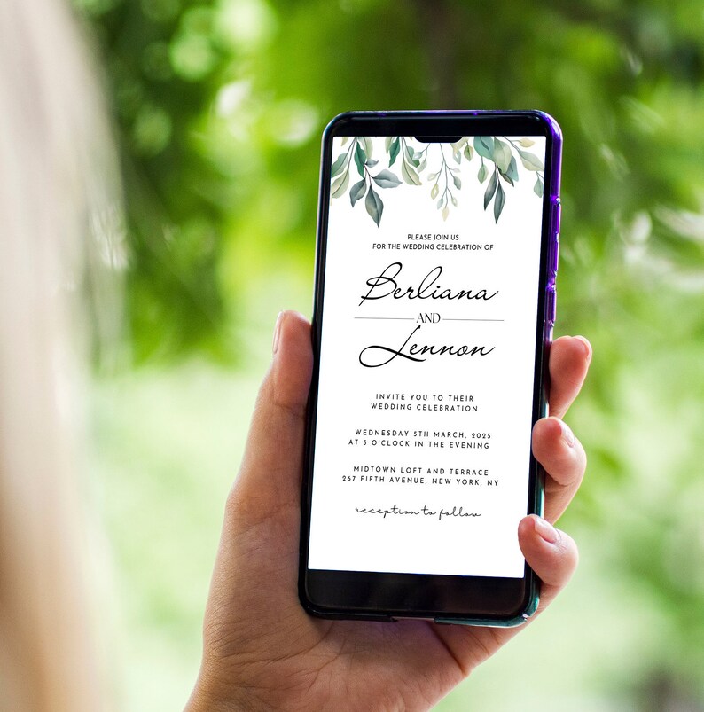 Greenery Wedding Evite, Electronic Wedding Invitation Template, Digital Wedding Invitation ...