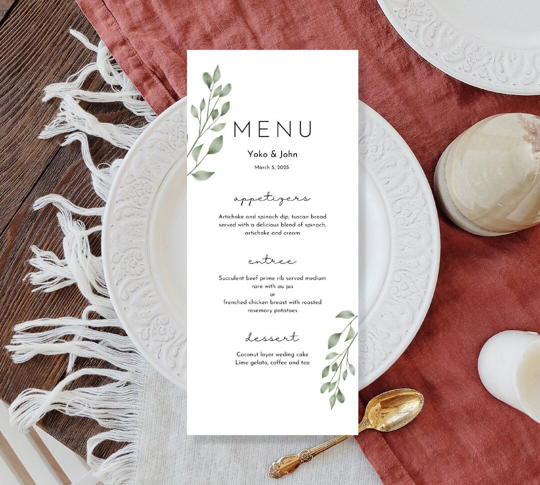 Greenery Wedding Menu Menu Printable Green Leaves Menu - Etsy