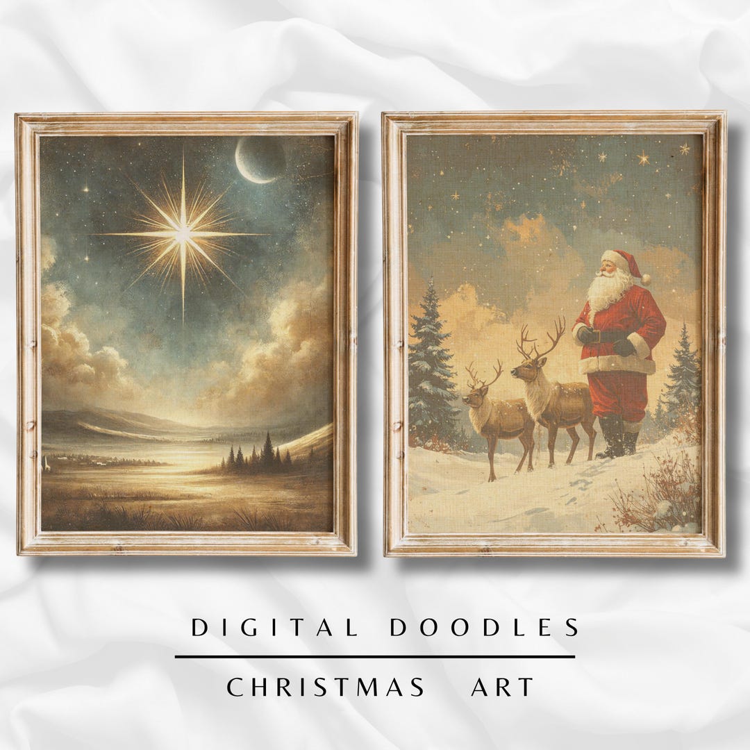 Vintage Santa and Reindeer Christmas Art Print, Christian Decor ...