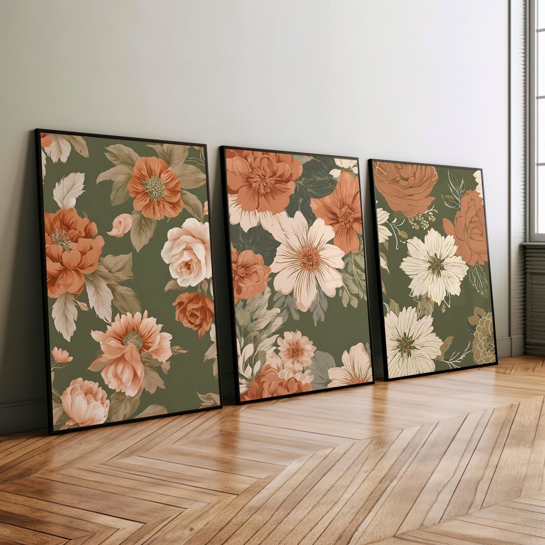 Green Botanical Print, Set of 3, Vintage Flower Prints, Wildflower ...
