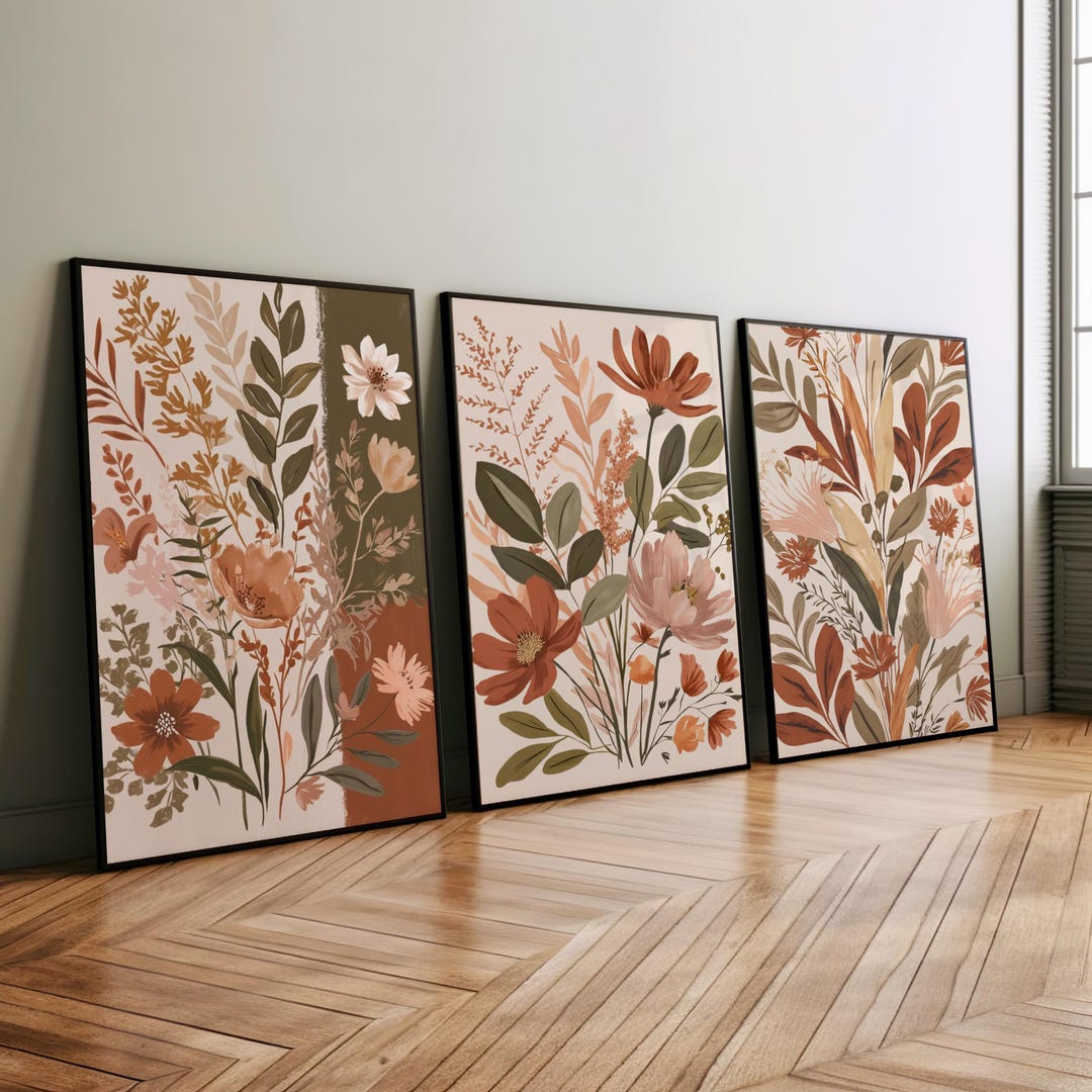 Earthy Tones Flower Print, Terracotta & Sage Green Floral Wall Art ...