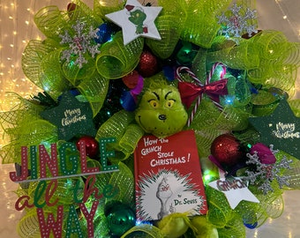 Grinch Wreath, Grinch Decor , Christmas Grinch Wreath, Festive - Etsy