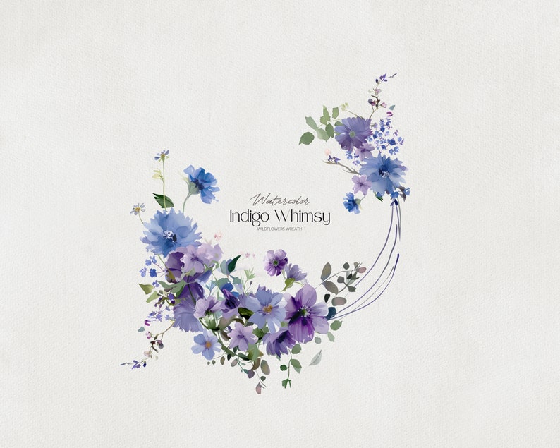 Watercolor Wildflower Wreath Clipart: Indigo Whimsy (PNG Digital ...
