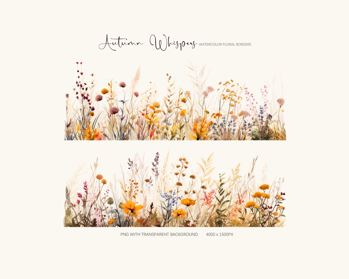 Watercolor Autumn Wildflower-flower Field Borders-fall Plant-seamless ...