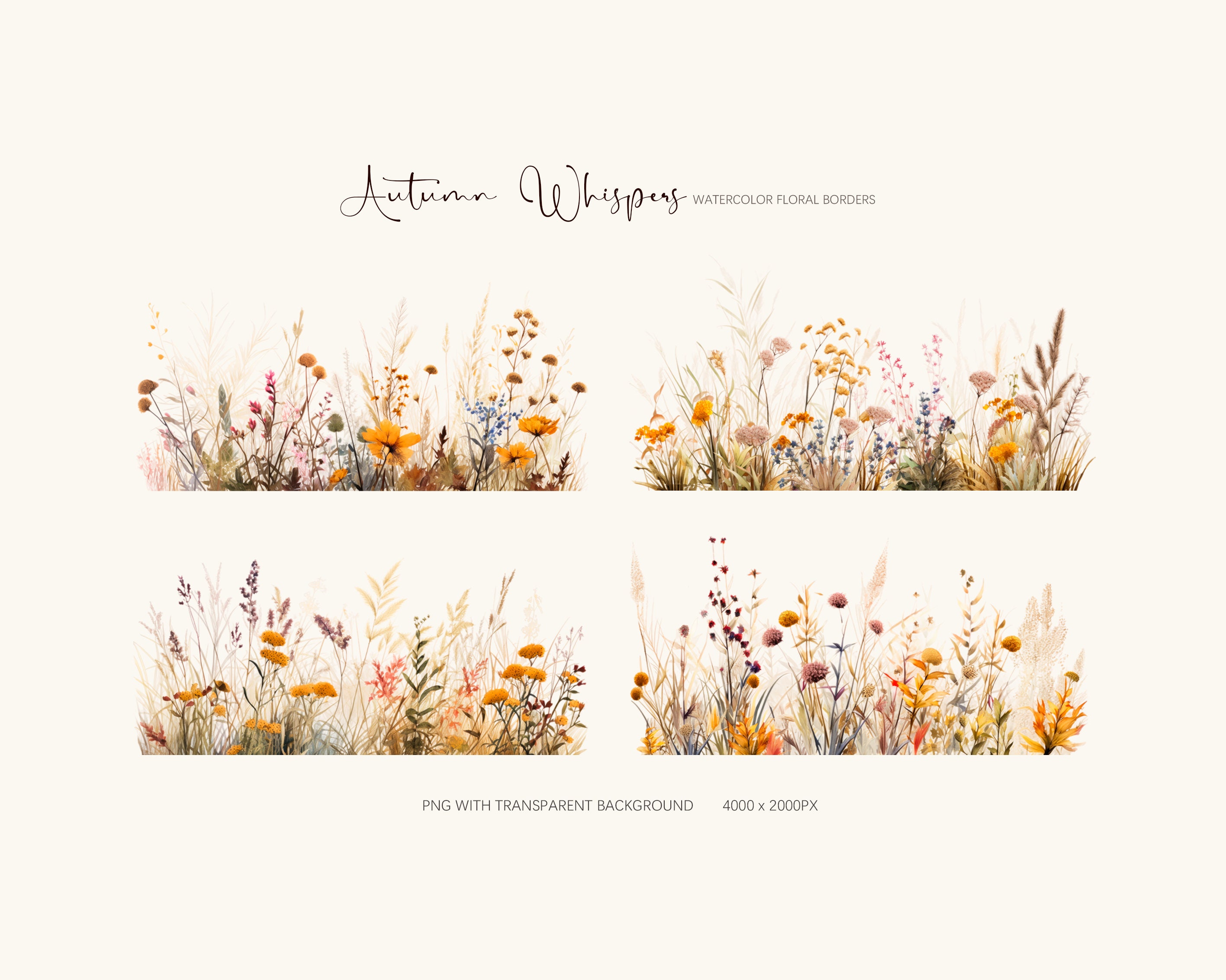 Watercolor Autumn Wildflower-flower Field Borders-fall Plant-seamless ...