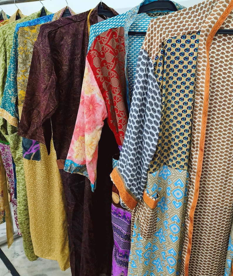 Hippie Bohemian Patchwork Silk Kimono, Recycled Silk Bell Sleeve Boho ...