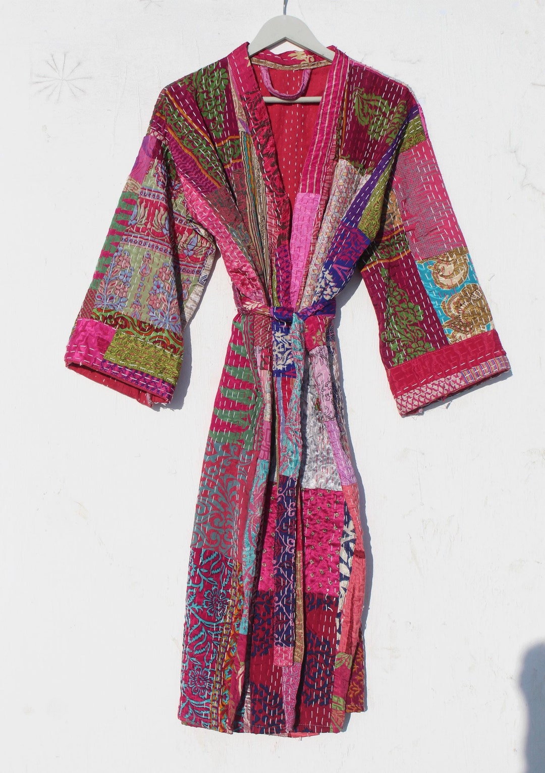 Kantha Quilted Garment Jacket Robe Patchwork Boho Cotton Handmade Long ...