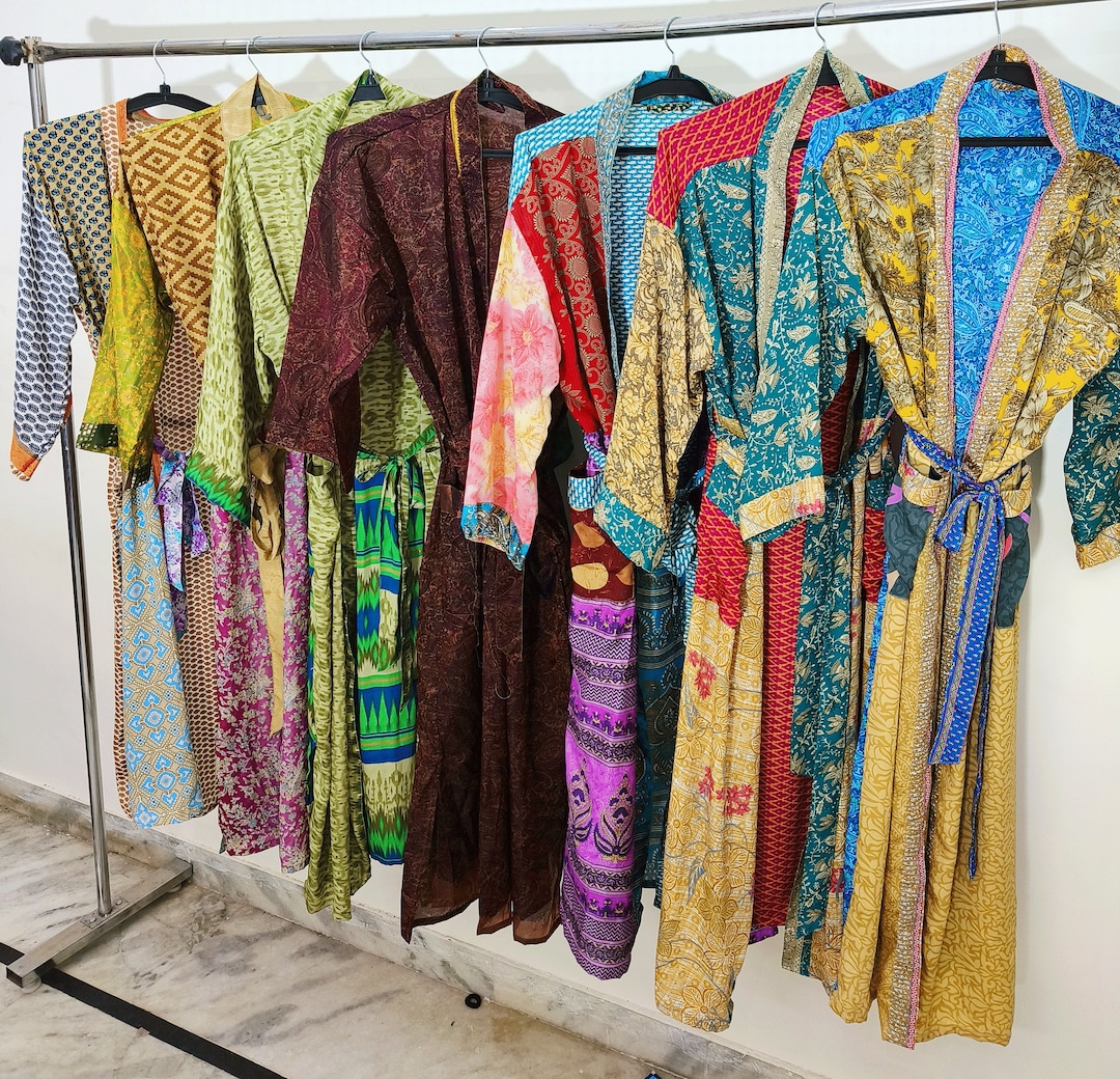Hippie Bohemian Patchwork Silk Kimono, Recycled Silk Bell Sleeve Boho ...